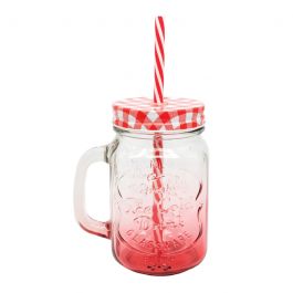 GLASS MUG WITH CAP AND STRAW- RED
